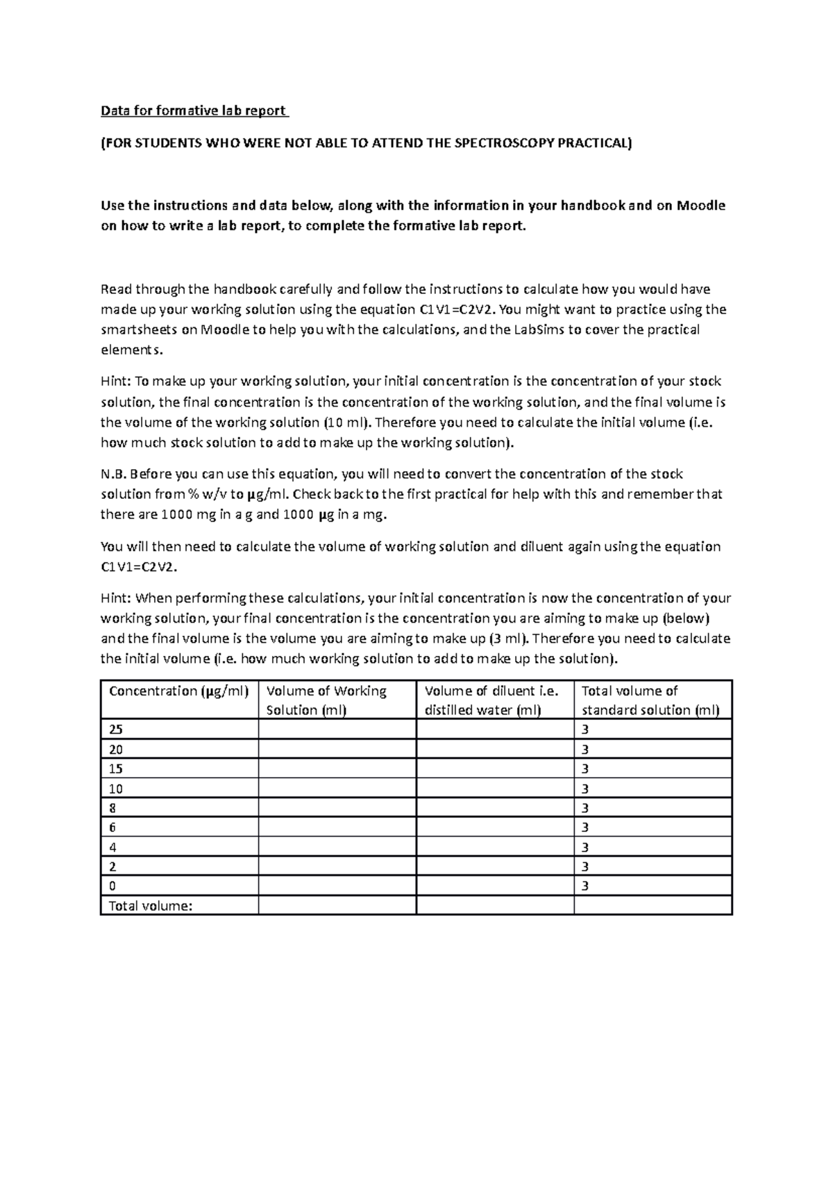Data for formative lab report - Read through the handbook carefully and ...