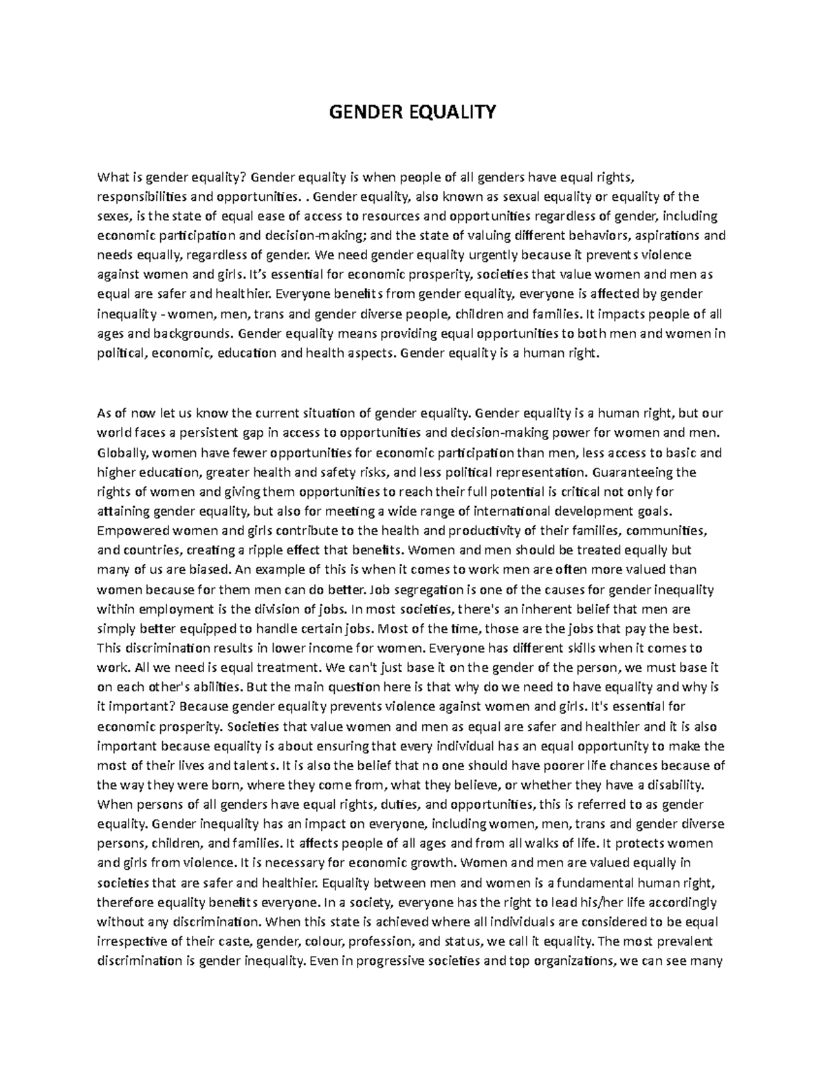 Gender Equality - bvb - GENDER EQUALITY What is gender equality? Gender ...