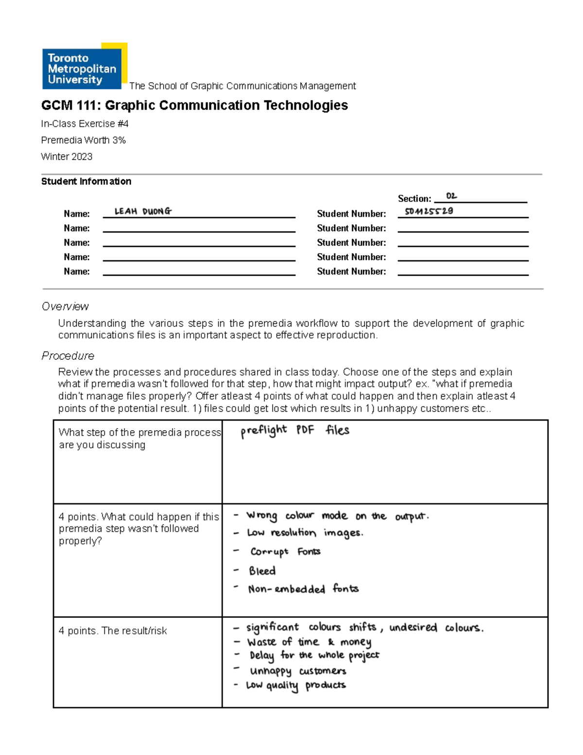 GCM111 In Class Exercise 4 - GCM 111 - Toronto Met - Studocu