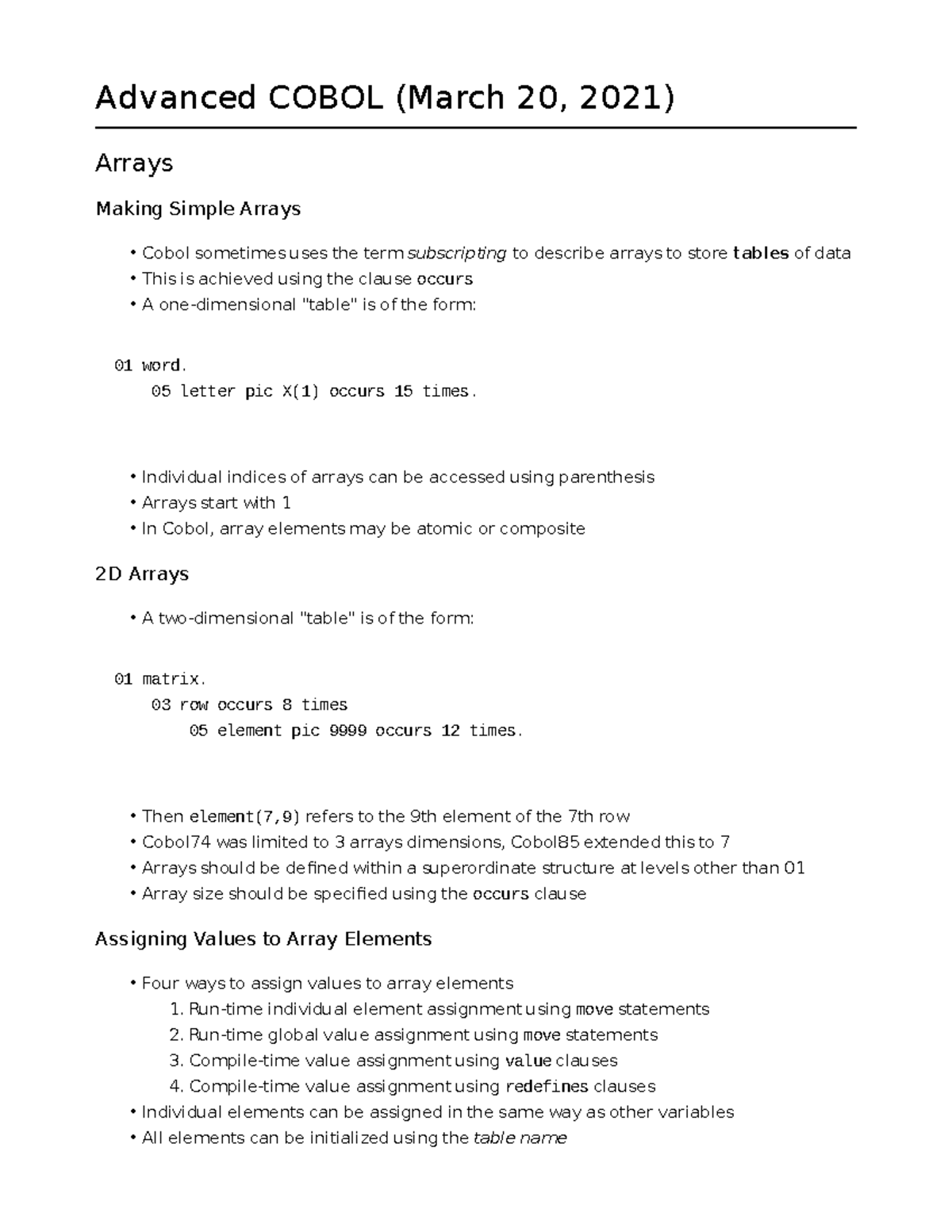 Cobol language advanced - Advanced COBOL (March 20, 2021) Arrays Making ...