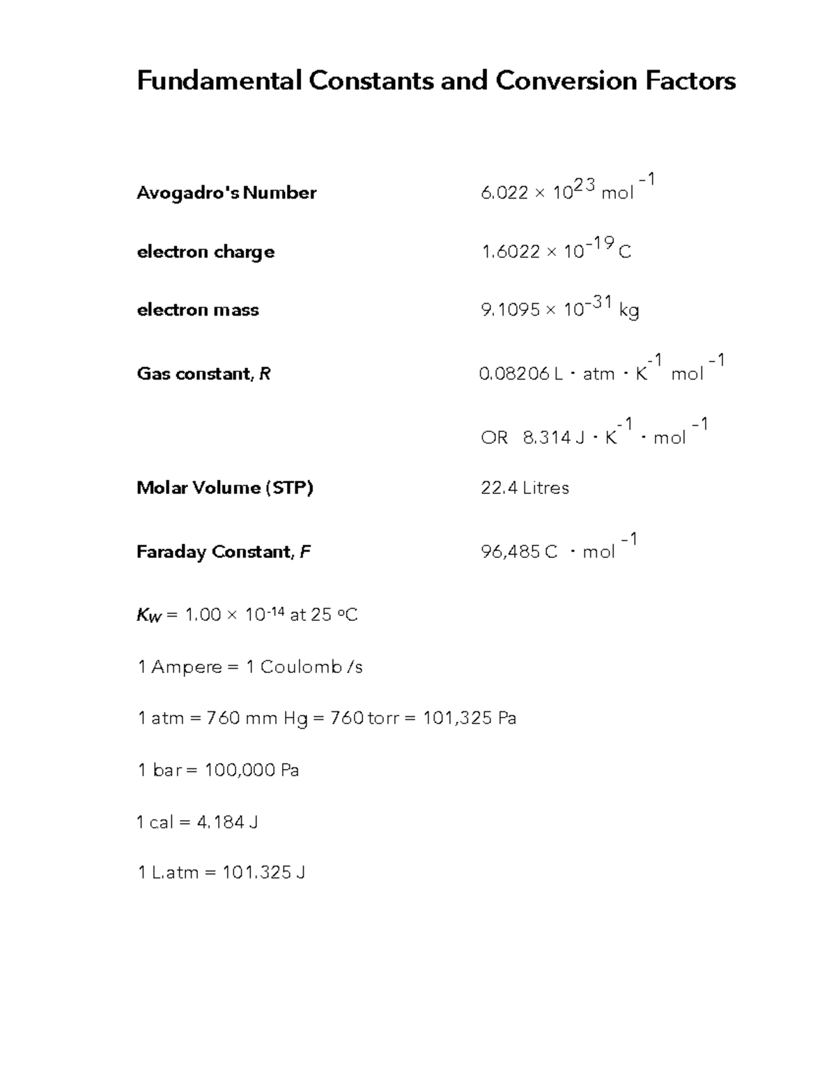 Formula Sheet-updated - Fundamental Constants and Conversion Factors Avogadro's Number 6. 022 × ...