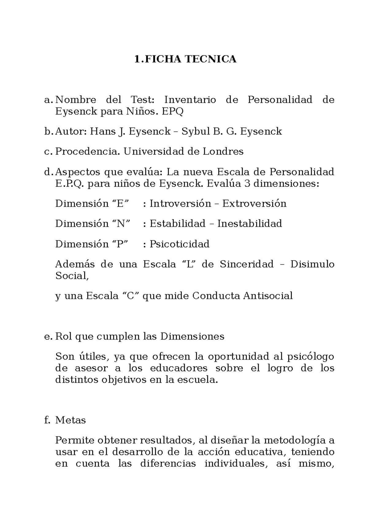 Manual EPQ J - ARCHIVO EXEL - 1 TECNICA a. Nombre del Test: Inventario ...