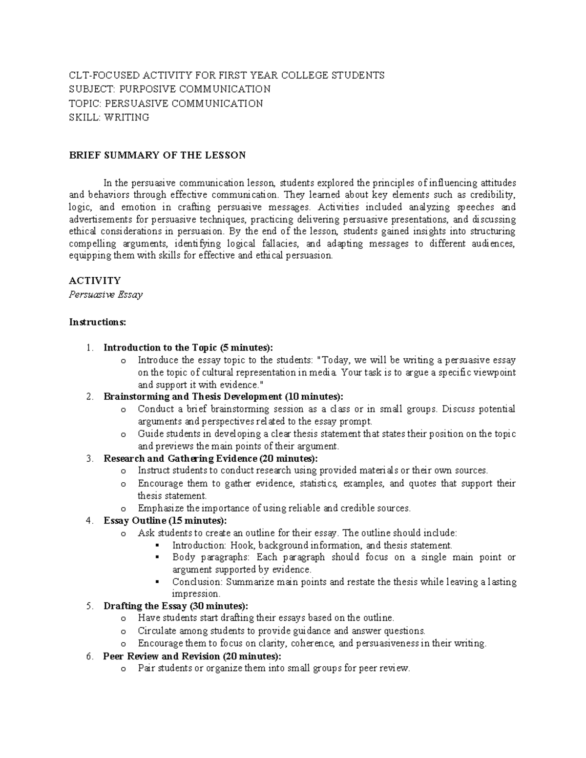 CLT- Writing - This is a semi-detailed lesson plan. - CLT-FOCUSED ...