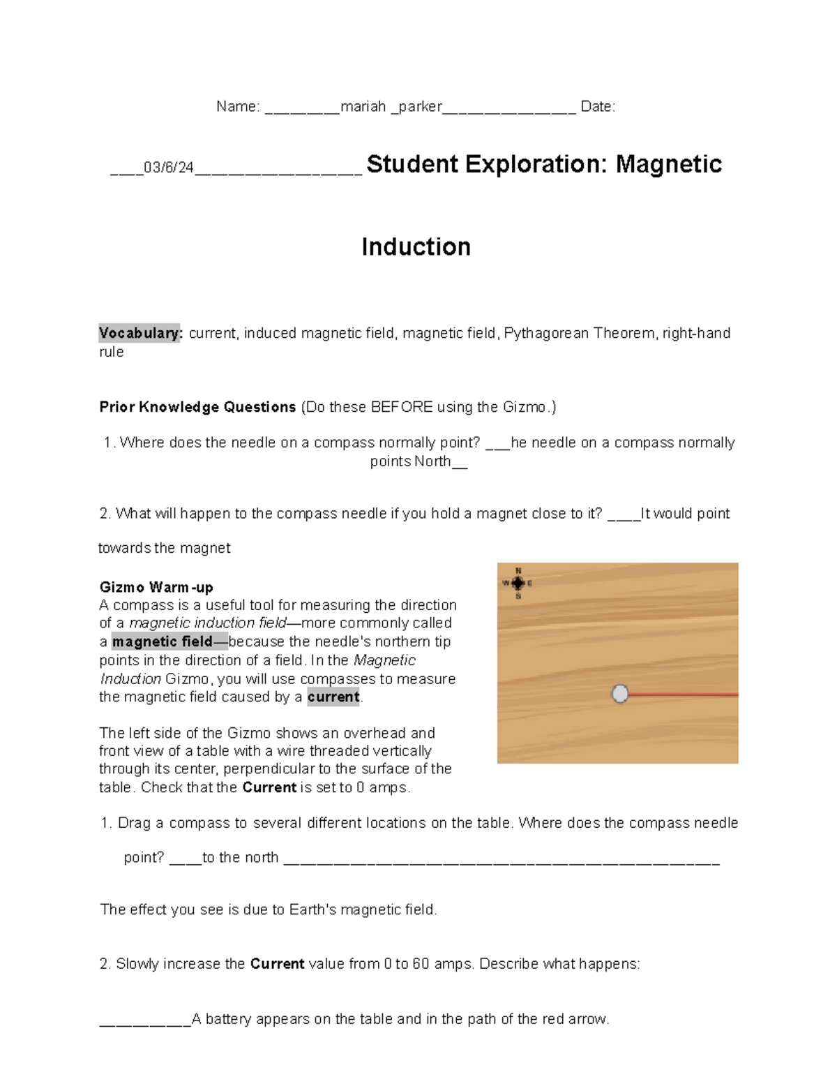 Magnetic Induction SE - Name: mariah parker______ Date: 03/6/24 ...
