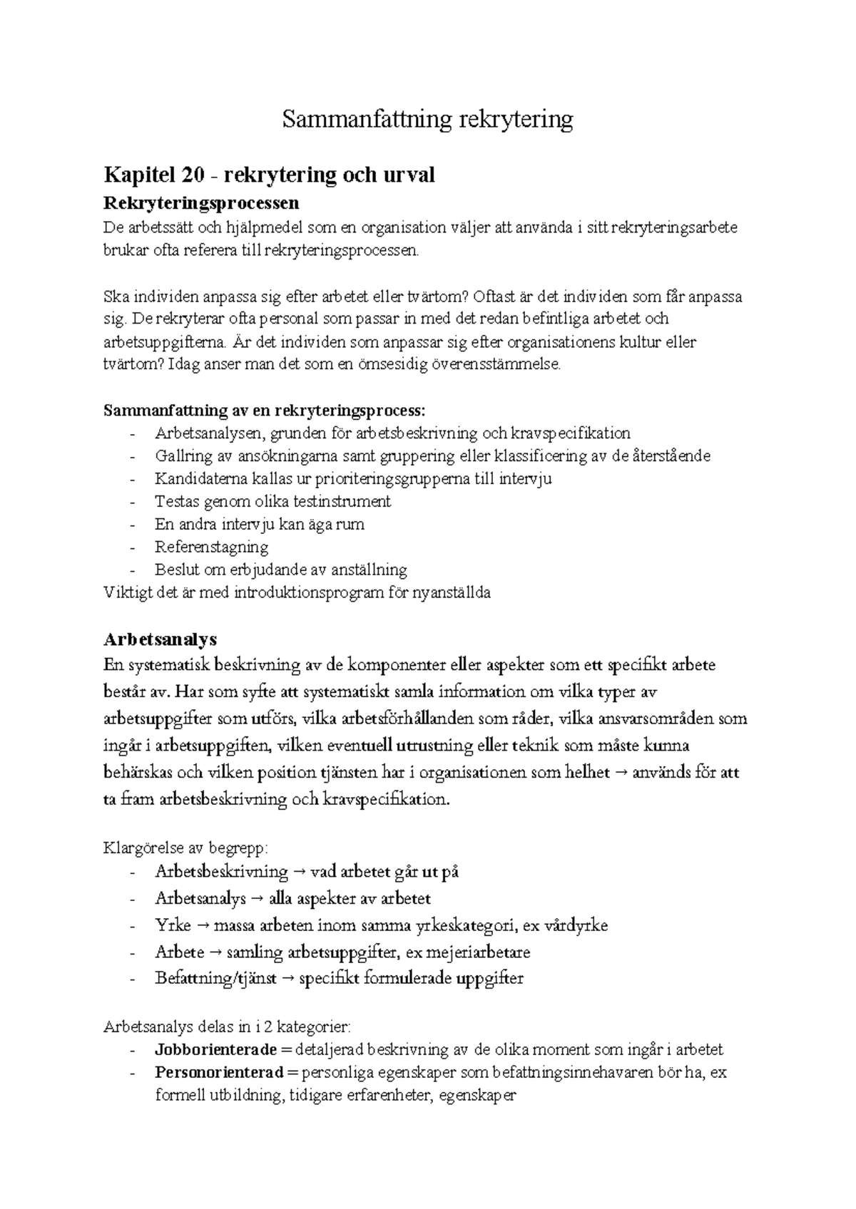 Sammanfattning rekrytering - Sammanfattning rekrytering Kapitel 20 ...