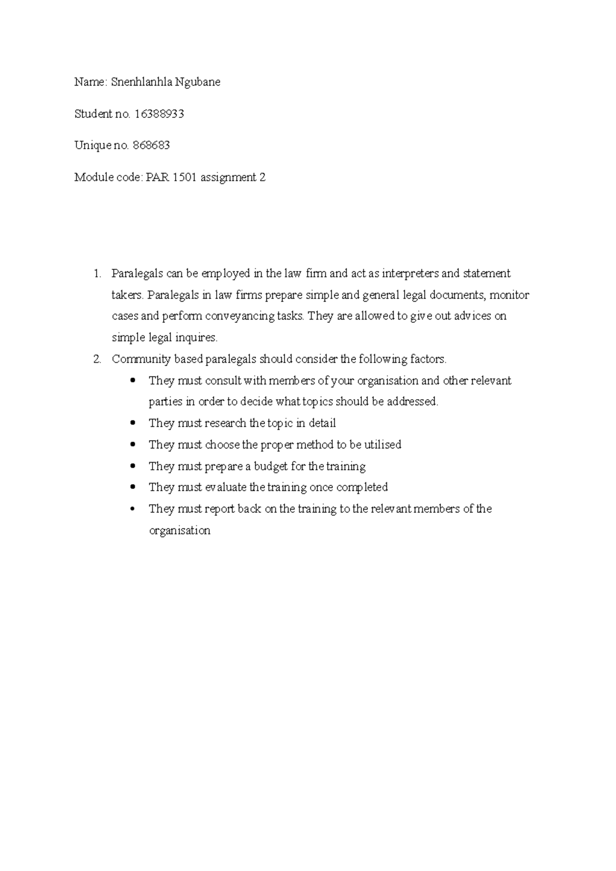 PAR 1501 assignment 2 - assignmemt 2 paralegal studies - Name ...