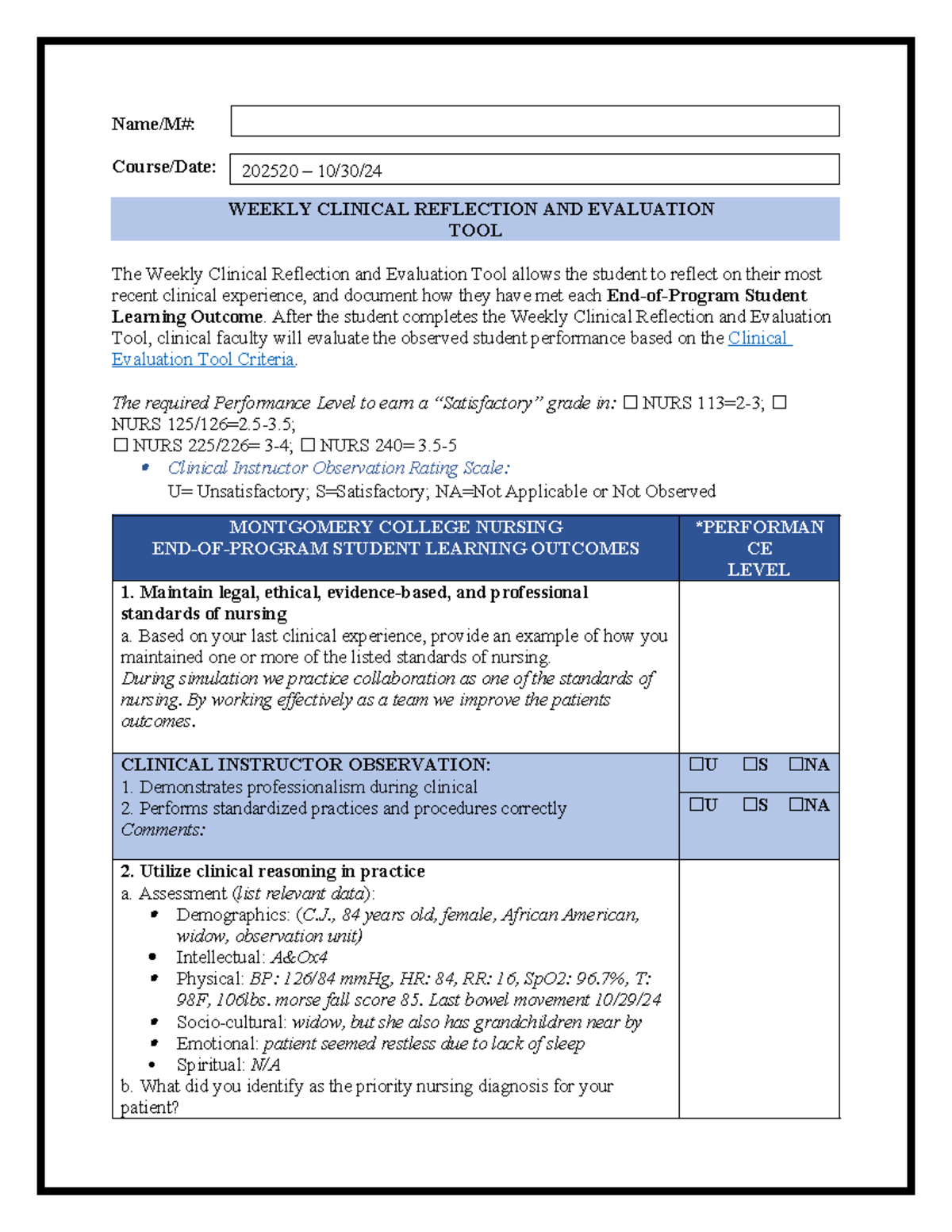 Weekly Reflection - Name/M#: Course/Date: WEEKLY CLINICAL REFLECTION ...