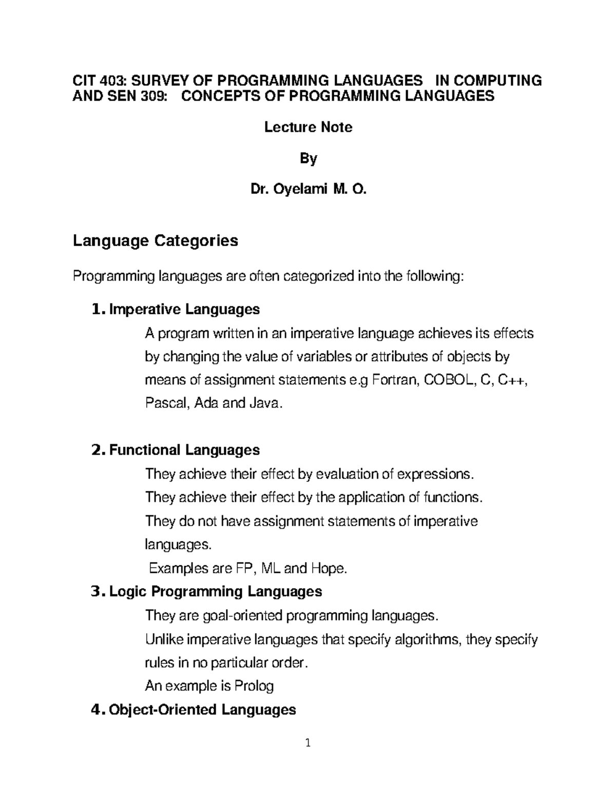 CIT 403 and SEN 309 - good - CIT 403: SURVEY OF PROGRAMMING LANGUAGES IN COMPUTING AND SEN 309 ...