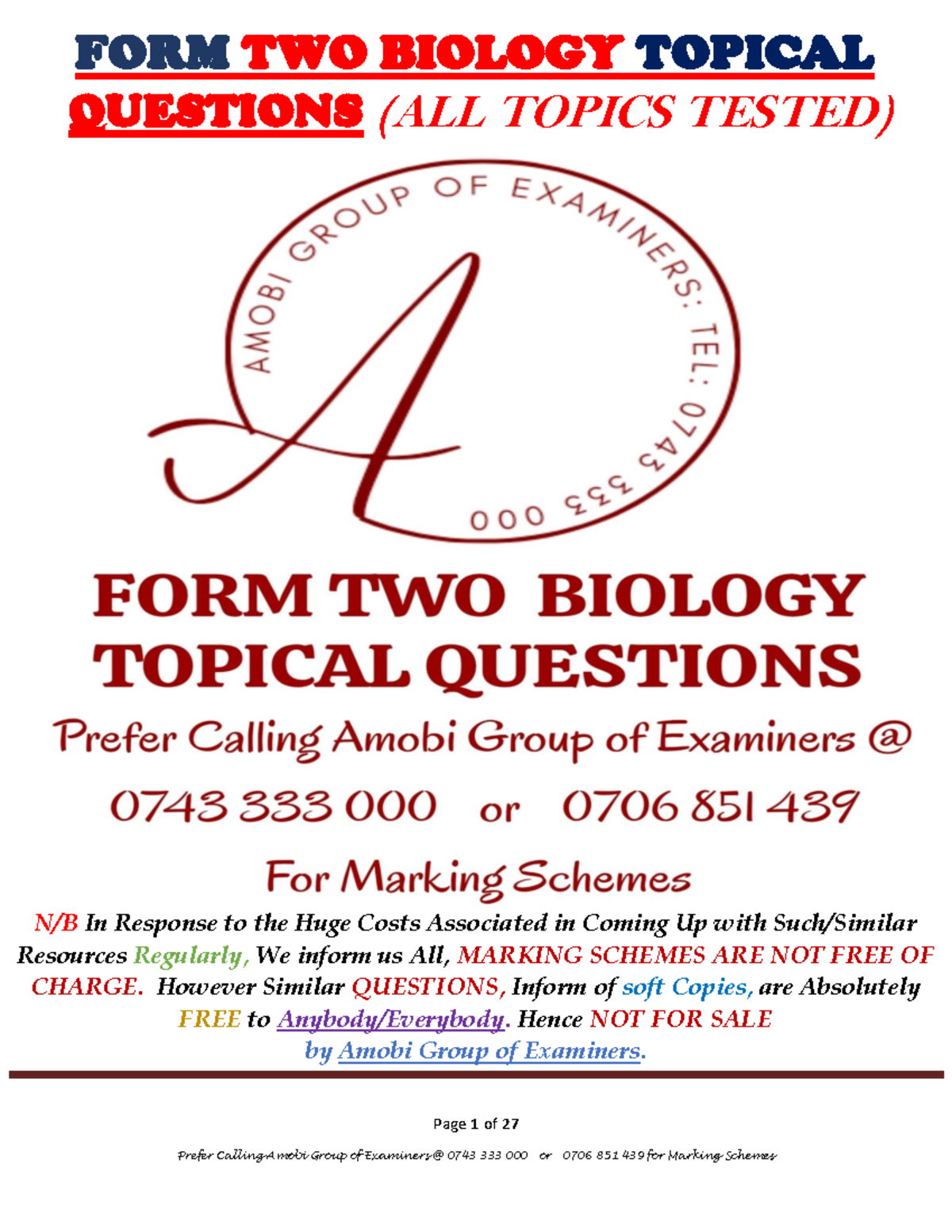 F2 BIO TQ - Practice - Page 1 of 27 FORM TWO BIOLOGY TOPICAL QUESTIONS ...