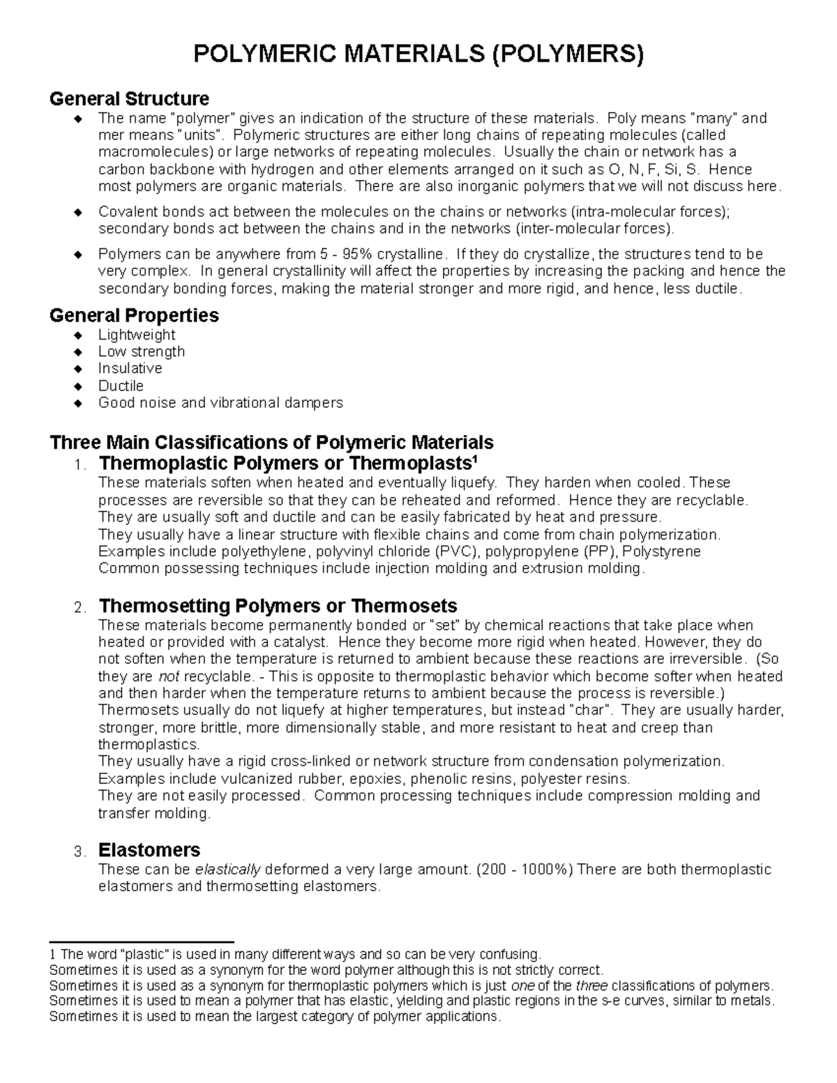 Polymers - Lecture Handout 16 - POLYMERIC MATERIALS (POLYMERS) General ...