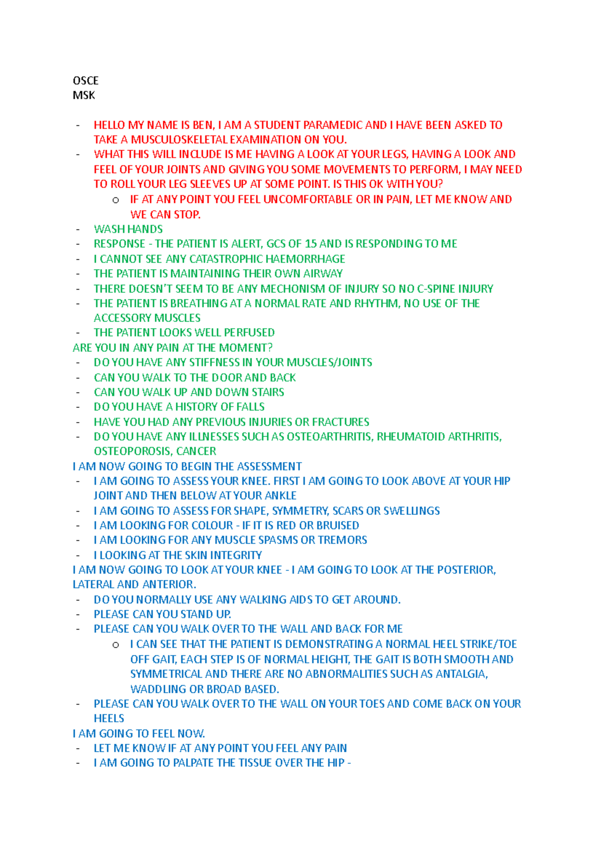 OSCE - MSK - 3 page doc incl. a practice "script" for Musculoskeletal ...