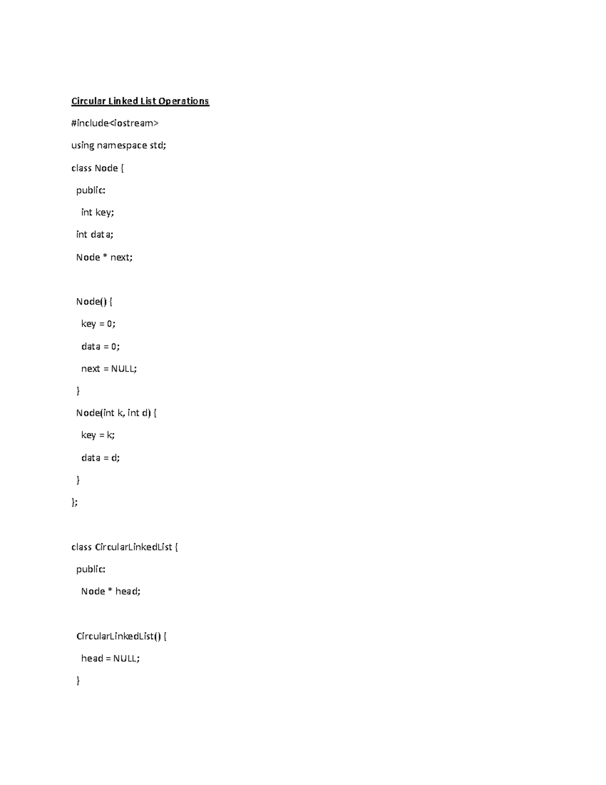 Record - Circular Linked List Operations #include using namespace std; class Node { - Studocu