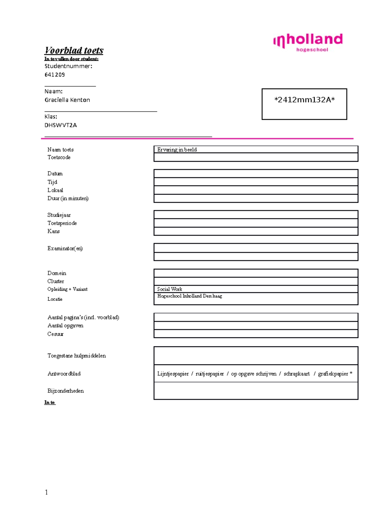 Rapport 2.1.5 - ervaring in beeld met feedback - Voorblad toets In te ...