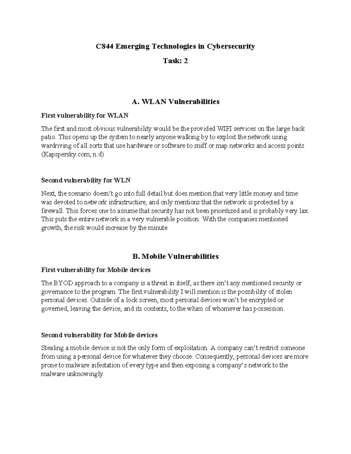 WGU C844 task 2 - Task 2 - C844 Emerging Technologies in Cybersecurity Task: 2 A. WLAN - Studocu