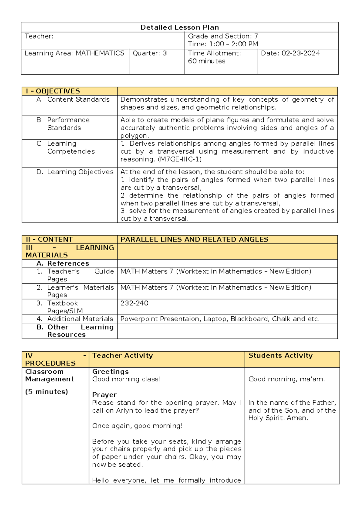 DLP-Feb-23-2024-Grade-7 - I – OBJECTIVES A. Content Standards ...
