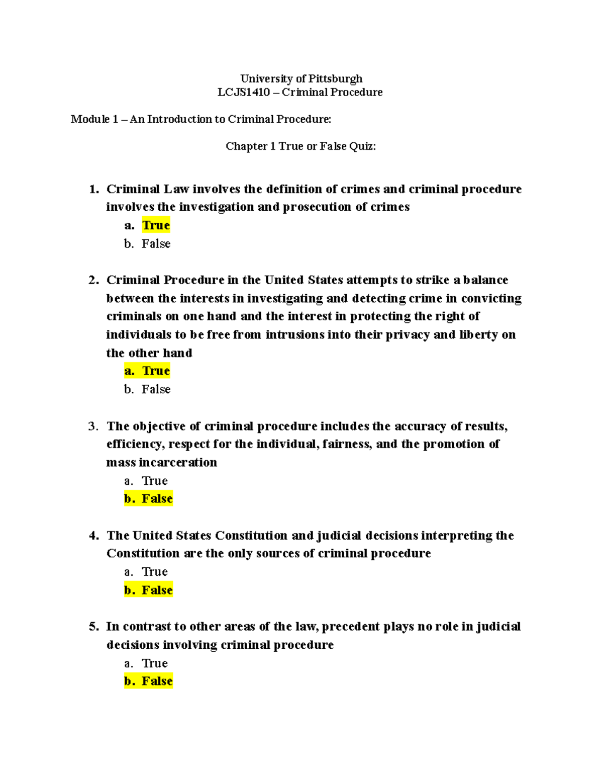 Module 1 Introduction to Criminal Procedure True or False - University ...