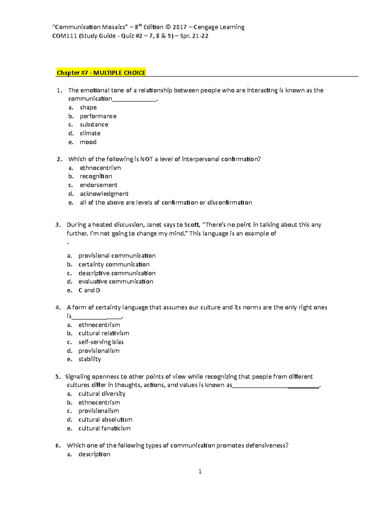 COMM 111 Study Guide - Quiz #2 - Spr. 21-22 - COM111 (Study Guide ...