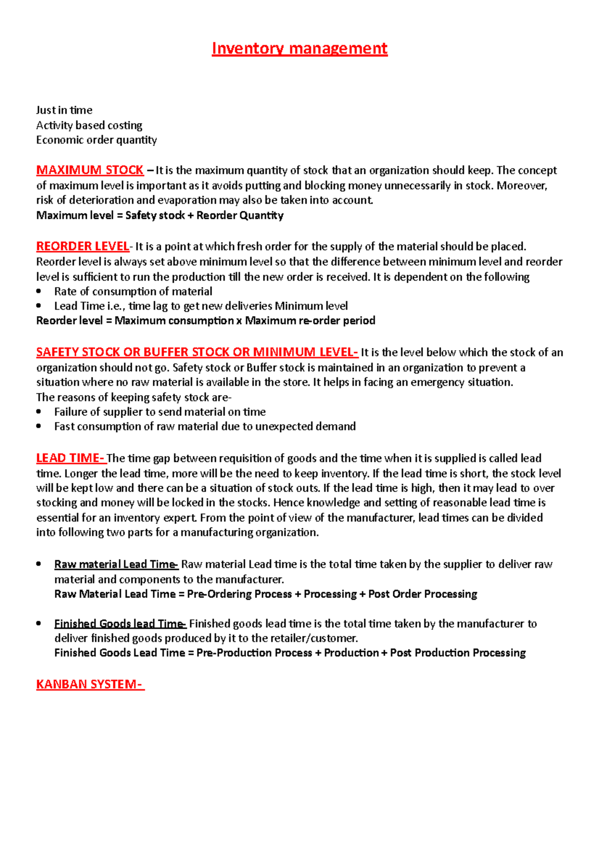 Inventory management - notes - Inventory management Just in time ...