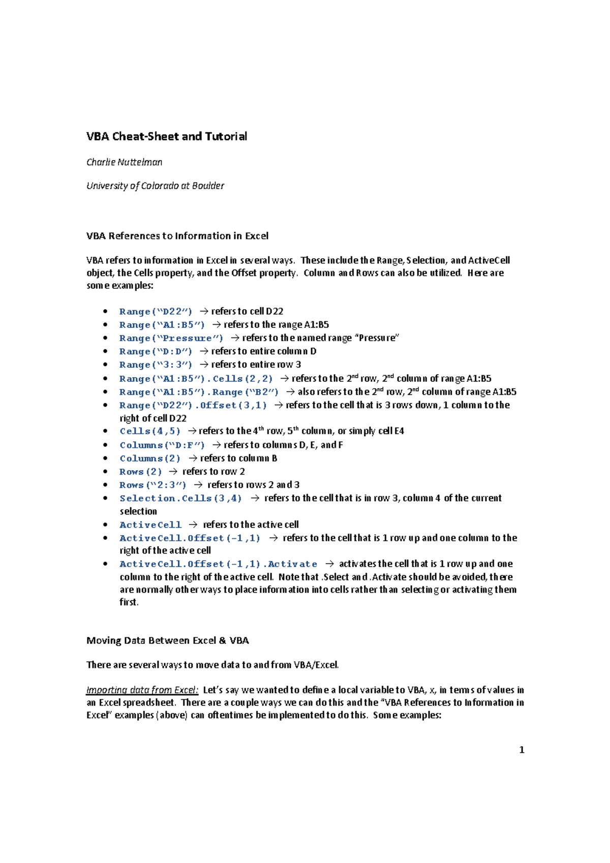 VBA - fsfsf - VBA Cheat-Sheet and Tutorial Charlie Nuttelman University ...