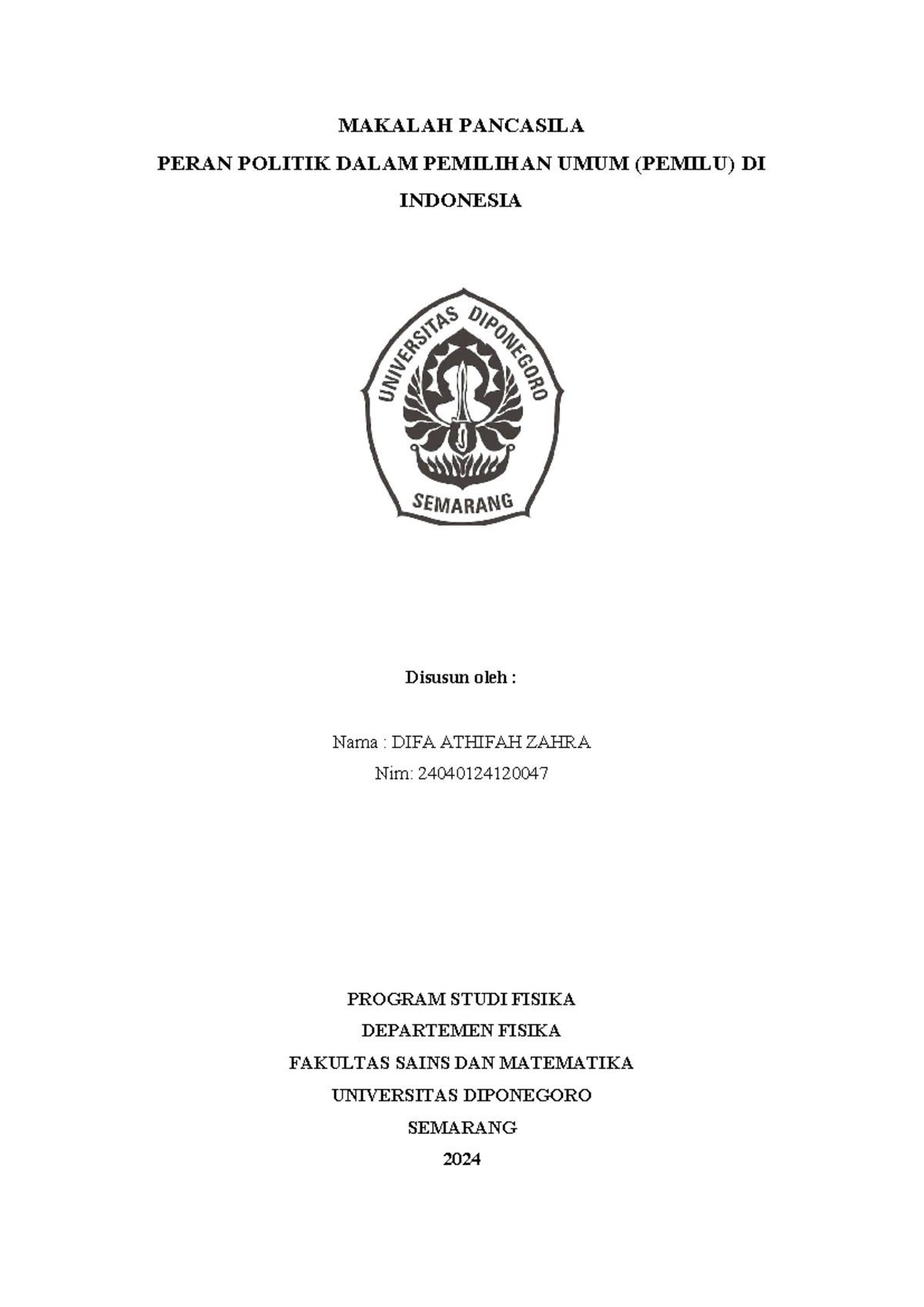 Cover Makalah Pancasila - UNDIP - Studocu