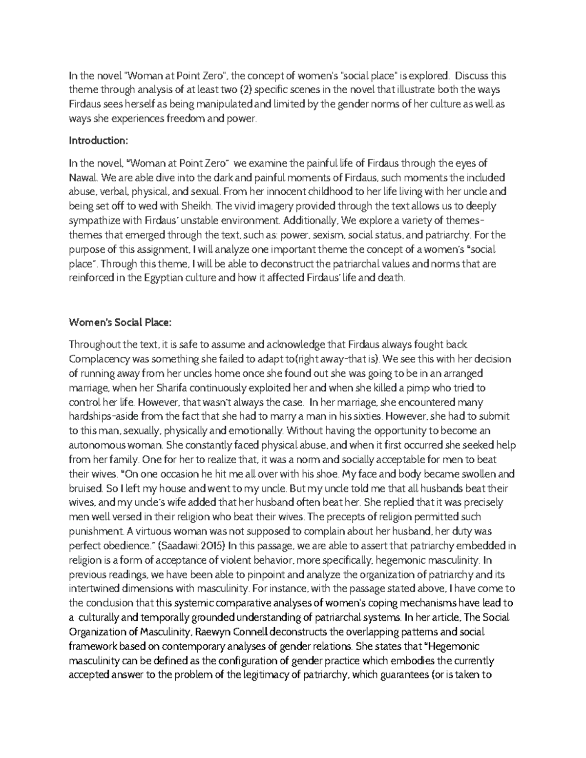 Reading Summary-WMST 301 - In the novel at Point the concept of is ...
