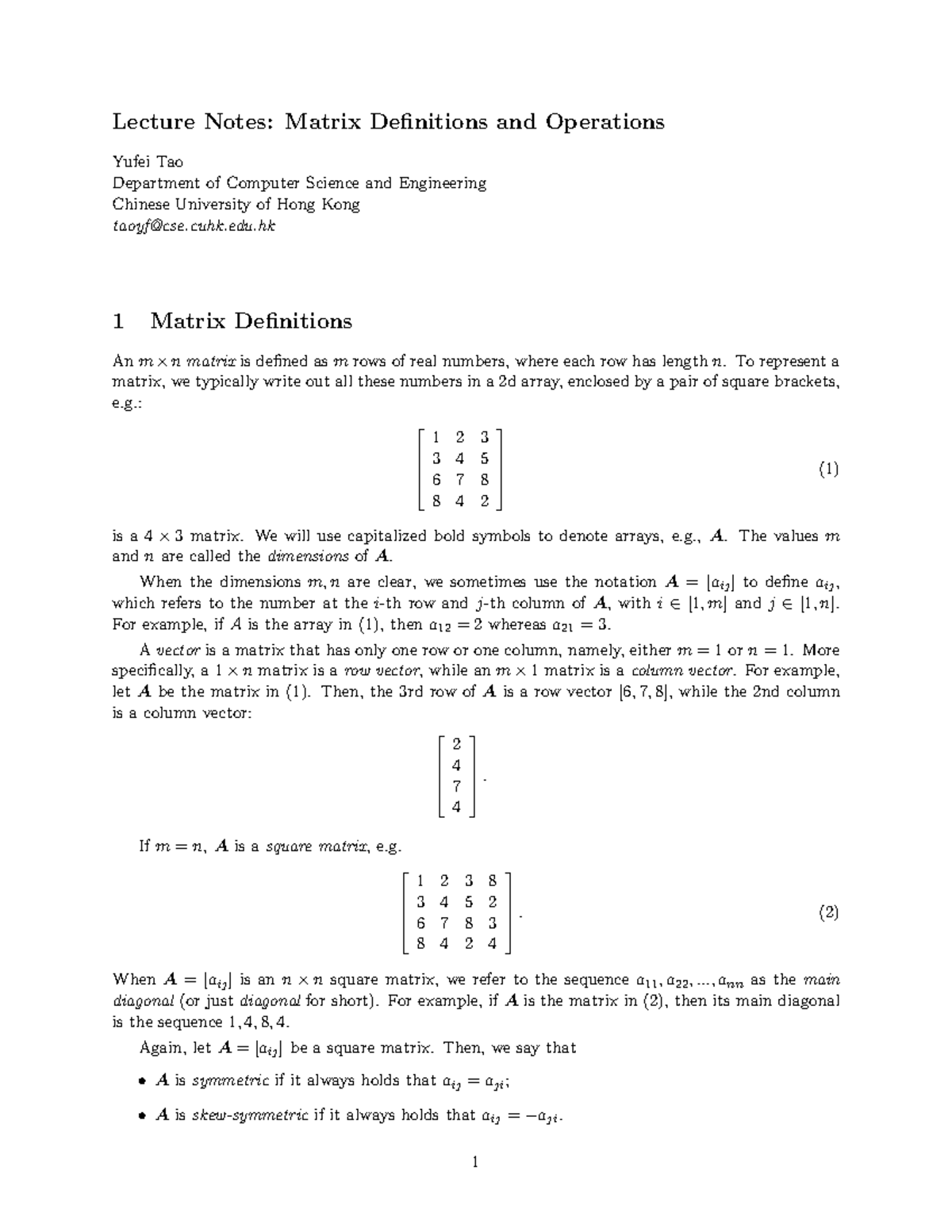 Lecture 01 - Matrix Definitions and Operations - Lecture Notes: Matrix ...