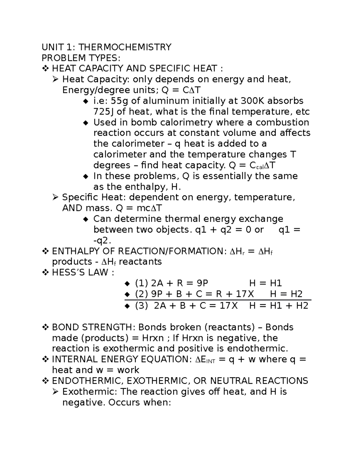 Final exam study materials - UNIT 1: THERMOCHEMISTRY PROBLEM TYPES ...
