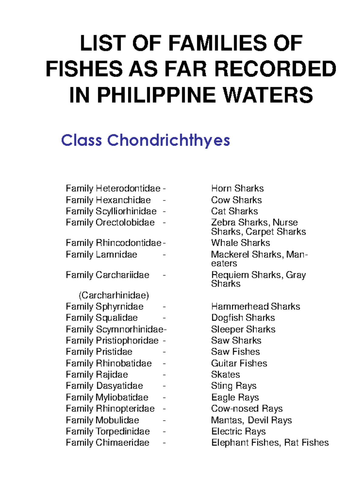 2 - list of families of fishes - LIST OF FAMILIES OF FISHES AS FAR ...