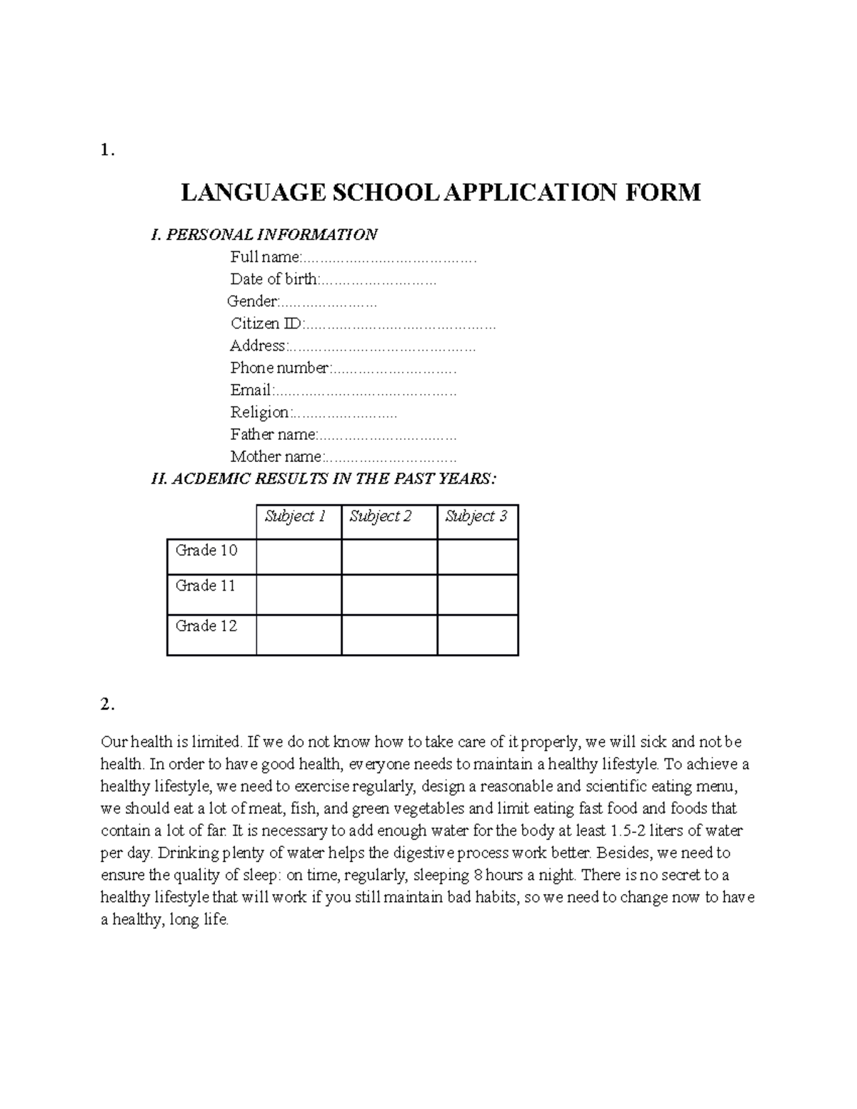Unit1 writing - échutyrhgytdwqwqeq - 1. LANGUAGE SCHOOL APPLICATION ...