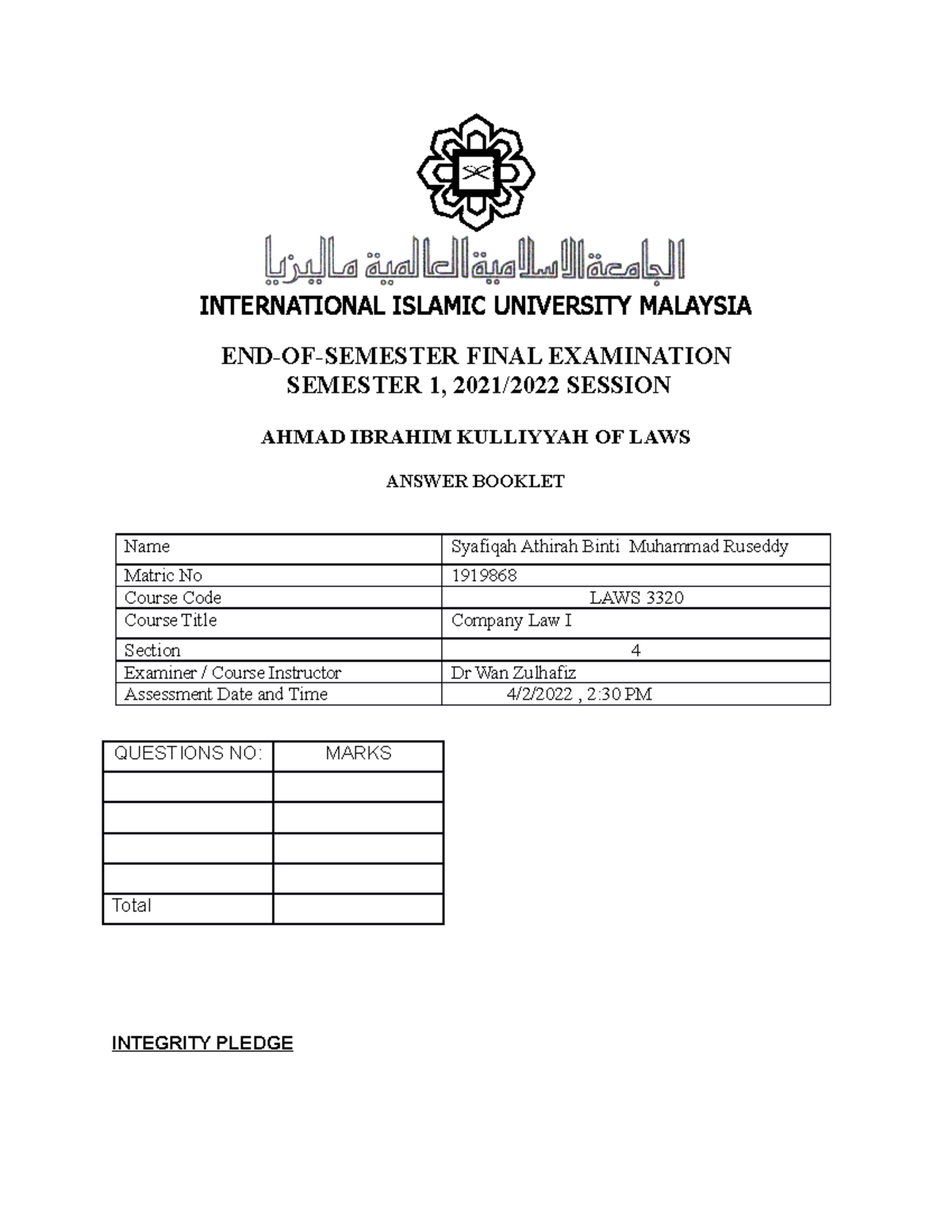 Answer Booklet Sem1 21 22 - INTERNATIONAL ISLAMIC UNIVERSITY MALAYSIA ...