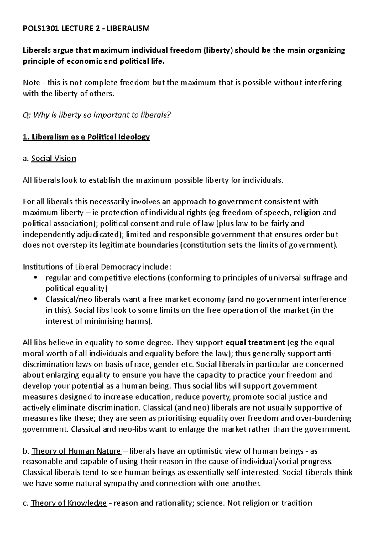 Lecture 2 Liberalism 2016 - POLS1301 LECTURE 2 - LIBERALISM Liberals ...