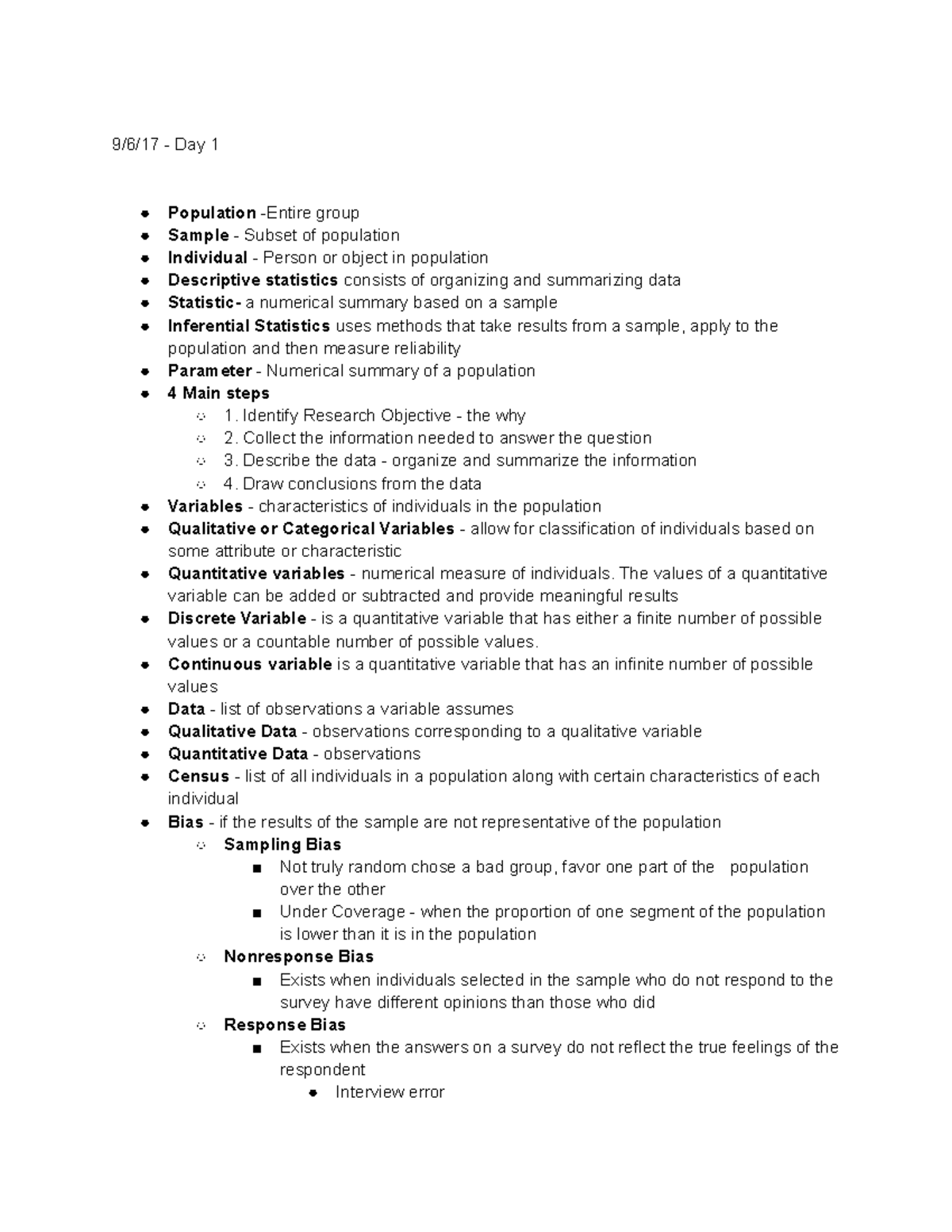Stats - Lecture notes 1-3 - 9/6/17 - Day 1 Population -Entire - Studocu