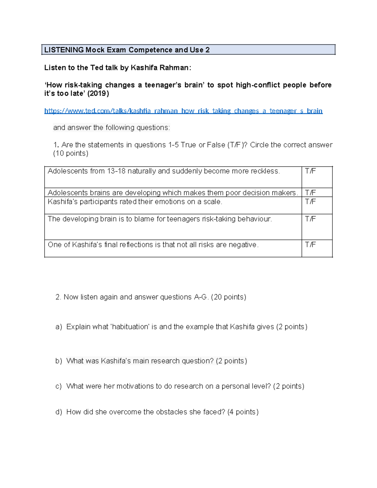 Listening Mock Exam - LISTENING Mock Exam Competence and Use 2 Listen ...
