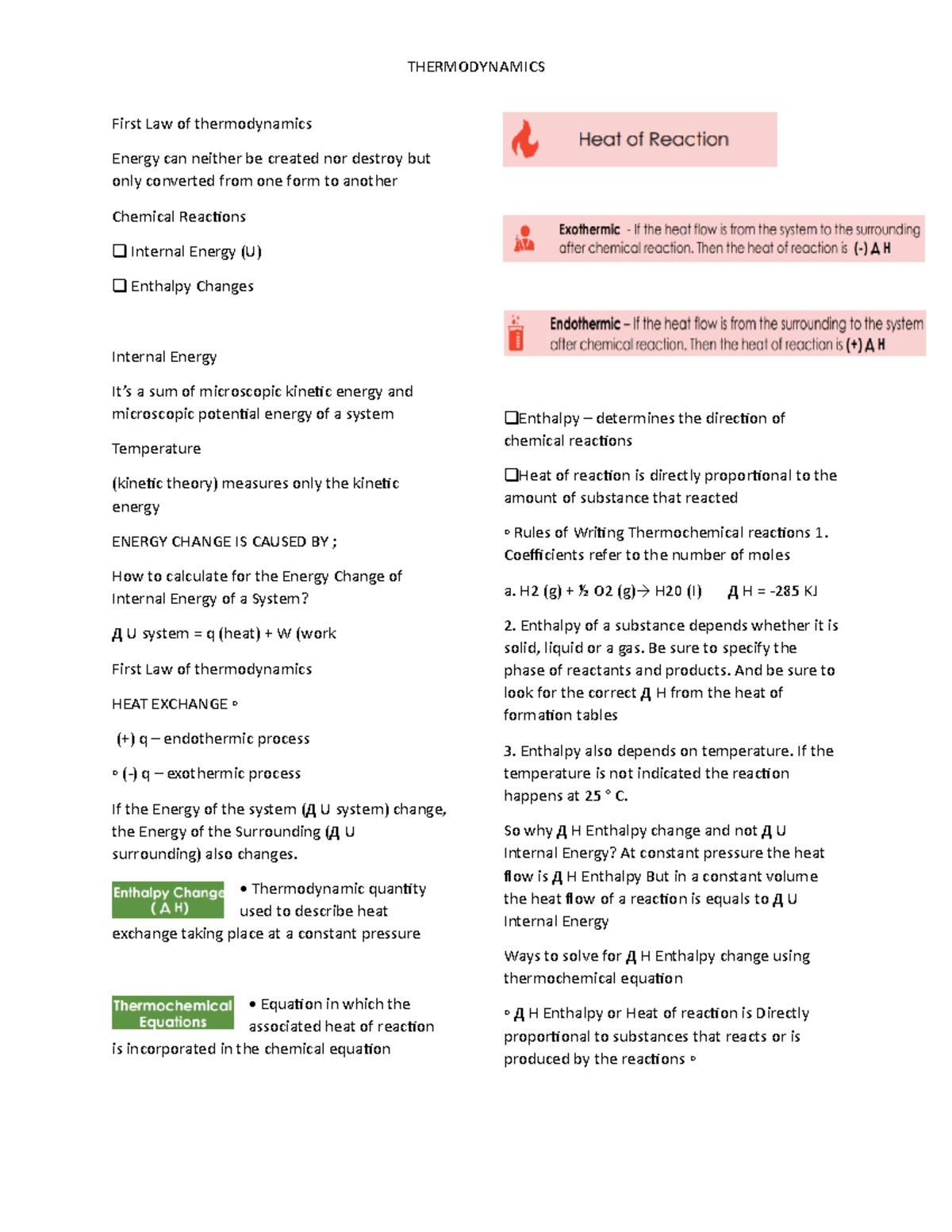 First Law of thermodynamics - Chemistry For Engineers - Studocu
