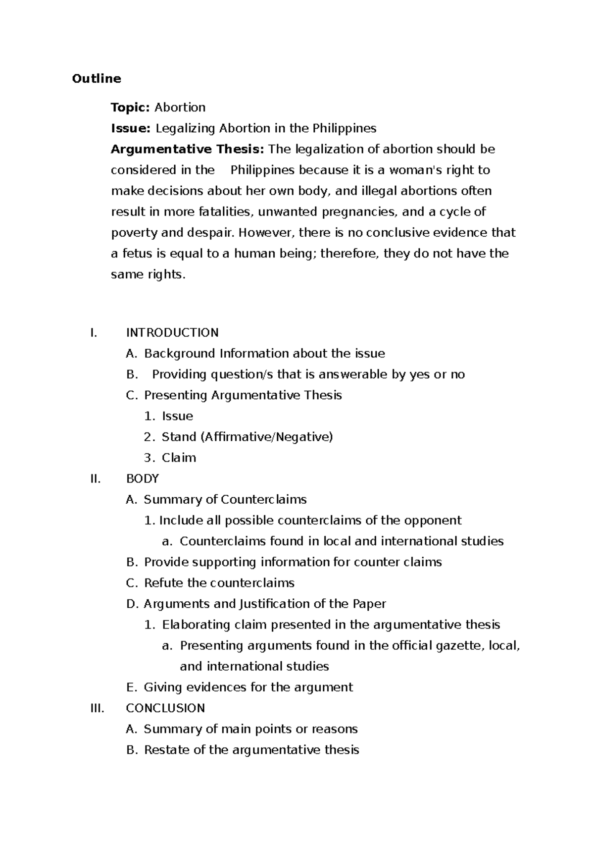 Position Paper - Activity - Outline Topic: Abortion Issue: Legalizing ...