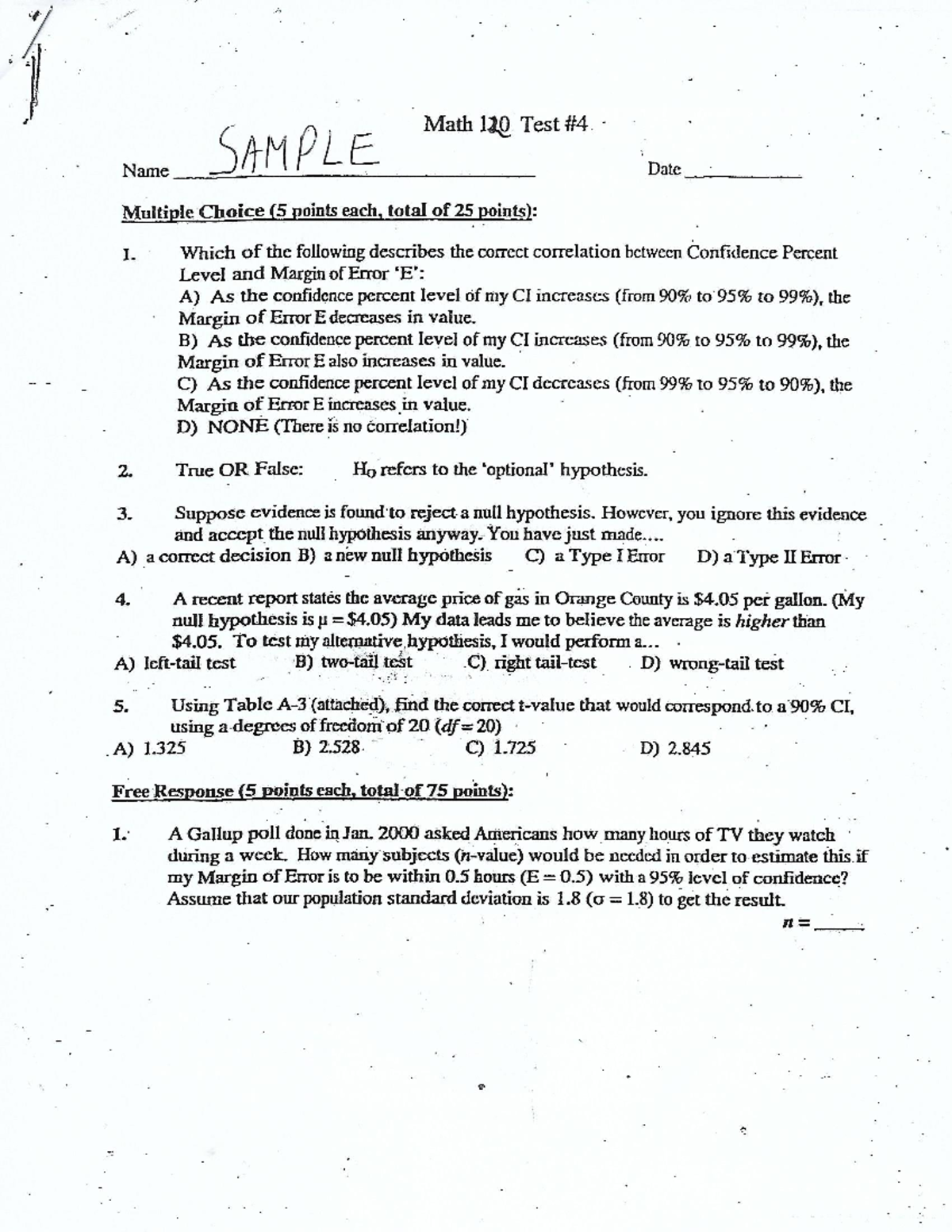 Sample Test #4 - MATH 110 - Studocu