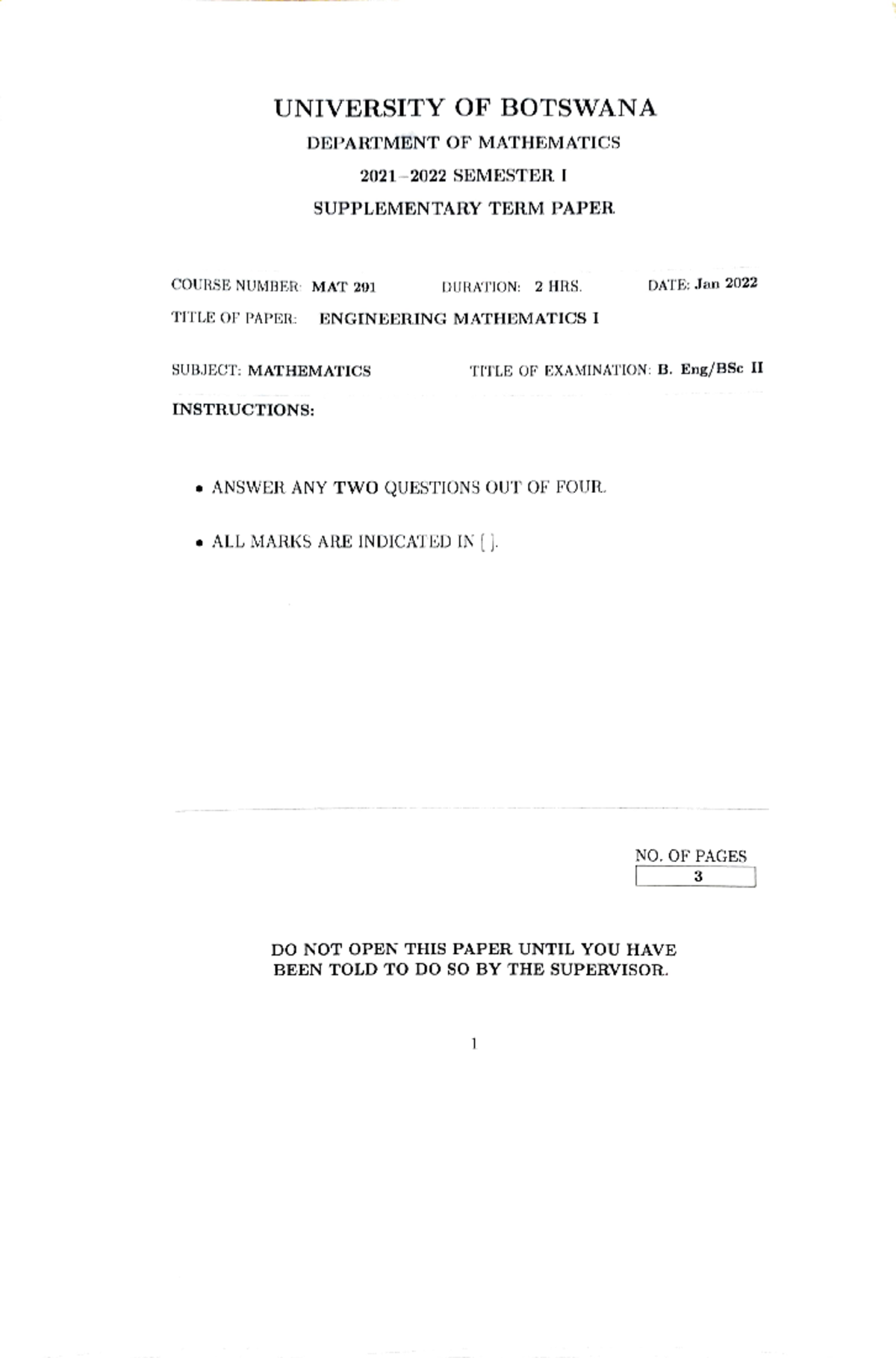 MAT 291 Sup Jan 2022 - supplementary exam paper - UNIVERSITY OF ...