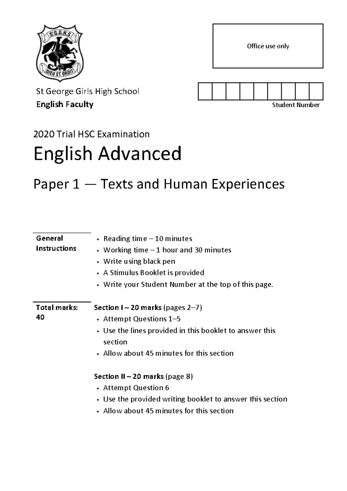 2020 Sgghs Paper 1 - St George Girls High School English Faculty ...