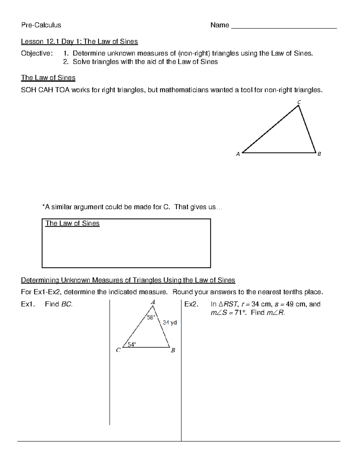 PC 12.1 Day 1 Lesson The Law of Sines - Pre-Calculus Name ...