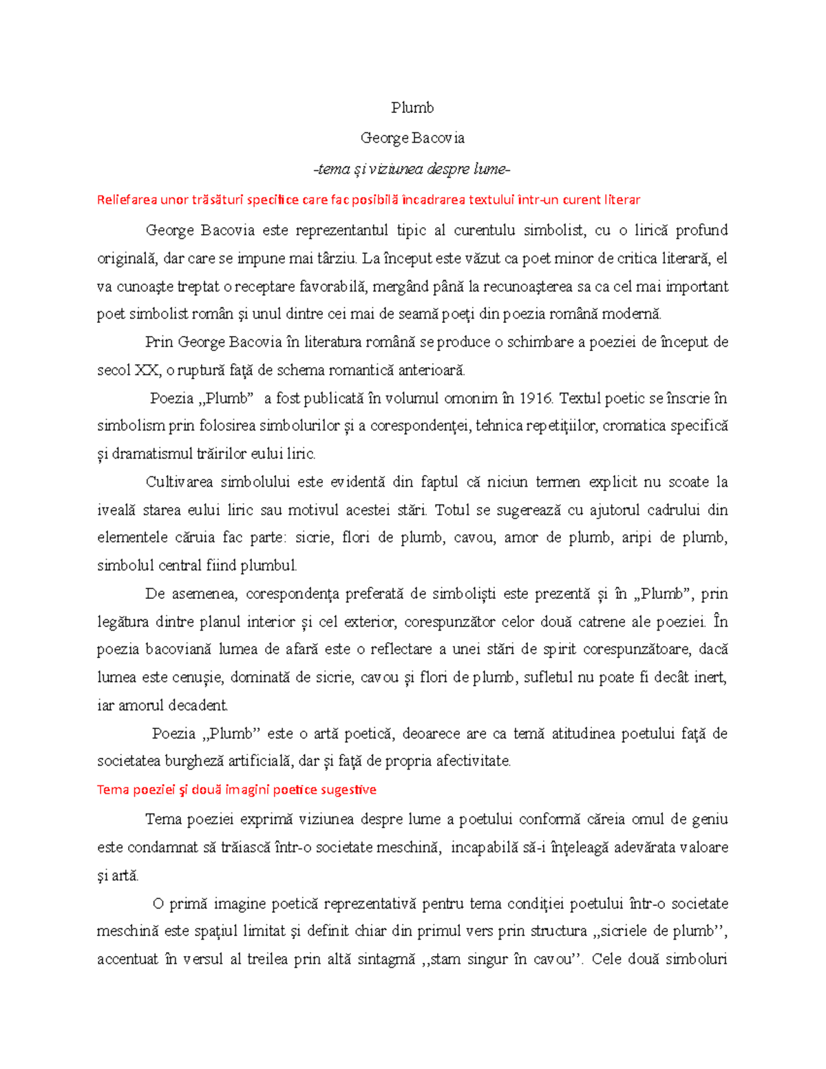 Bacovia - Plumb - Plumb George Bacovia -tema și viziunea despre lume ...