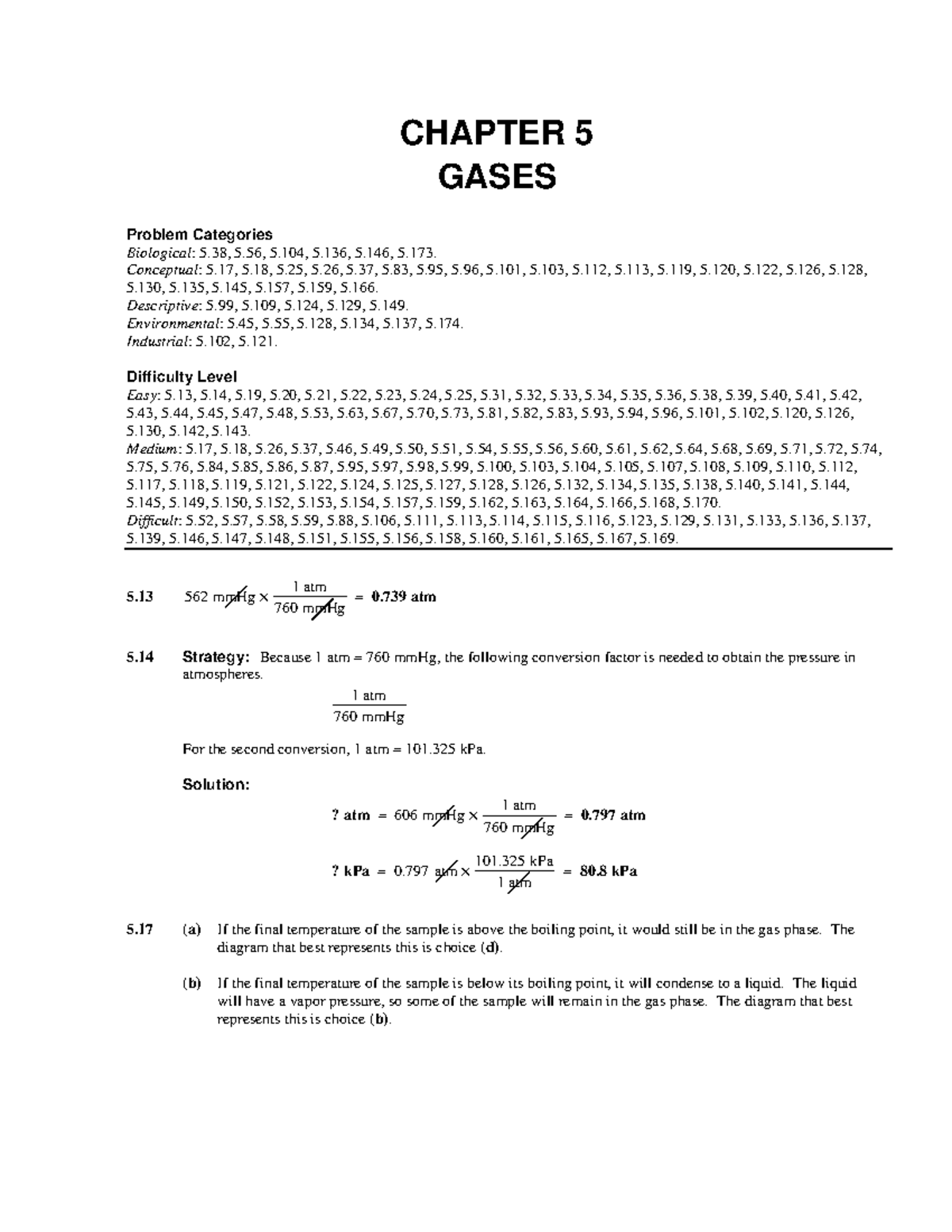 5장 - 5장 과제 솔루션 - CHAPTER 5 GASES Problem Categories Biological: 5, 5, 5 ...