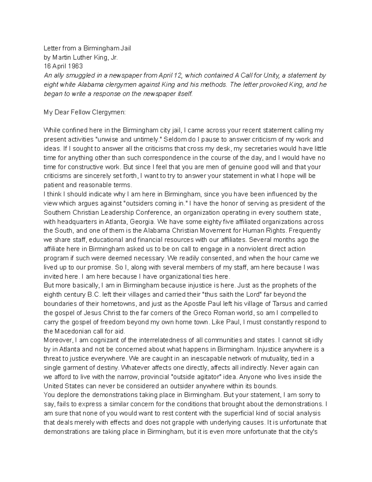 Letter from a Birmingham Jail - 16 April 1963 An ally smuggled in a ...