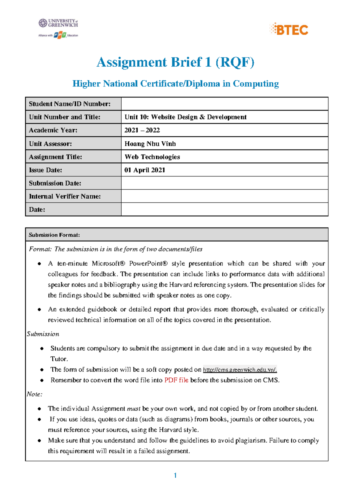 Unit 10.Assignment brief 1 (2021 - 2022) - Assignment Brief 1 (RQF) Higher National in Computing ...