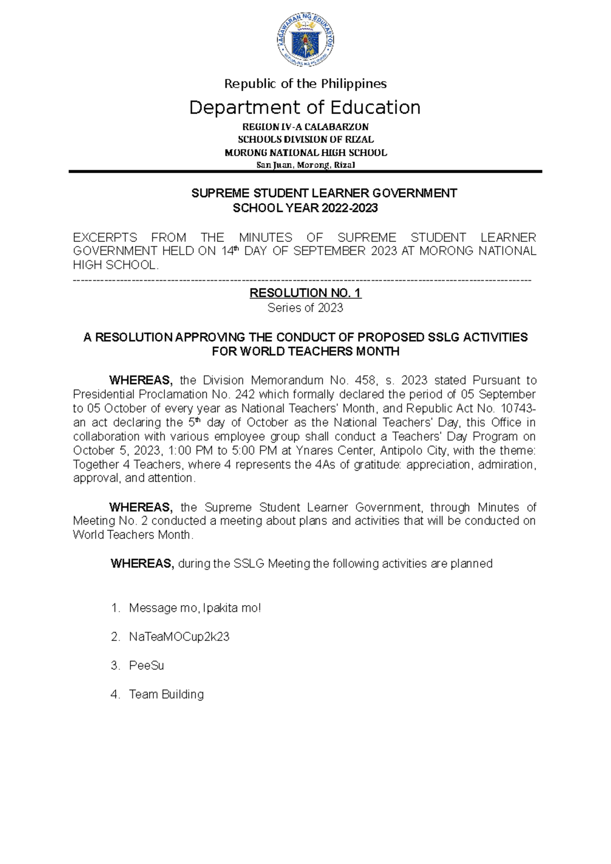 SSLG Resolution 1 S - Republic of the Philippines Department of ...