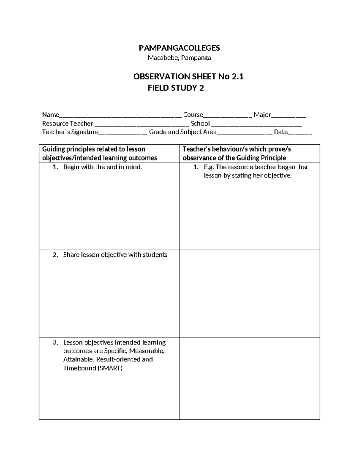 Observation-sheet-2 - Field Study observation sheets - PAMPANGACOLLEGES ...