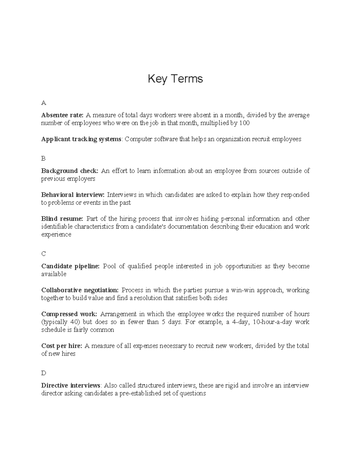 Human Resources - Key Terms A Absentee rate: A measure of total days ...