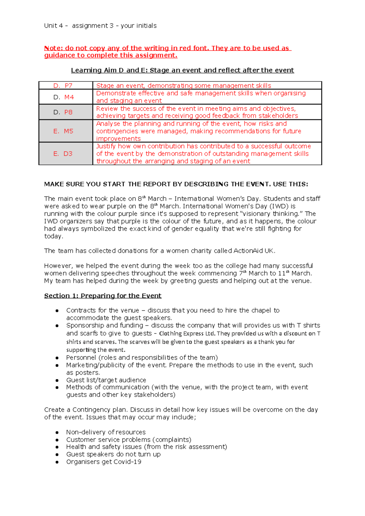 Unit 4 Assignment 3 check list - Note: do not copy any of the writing ...