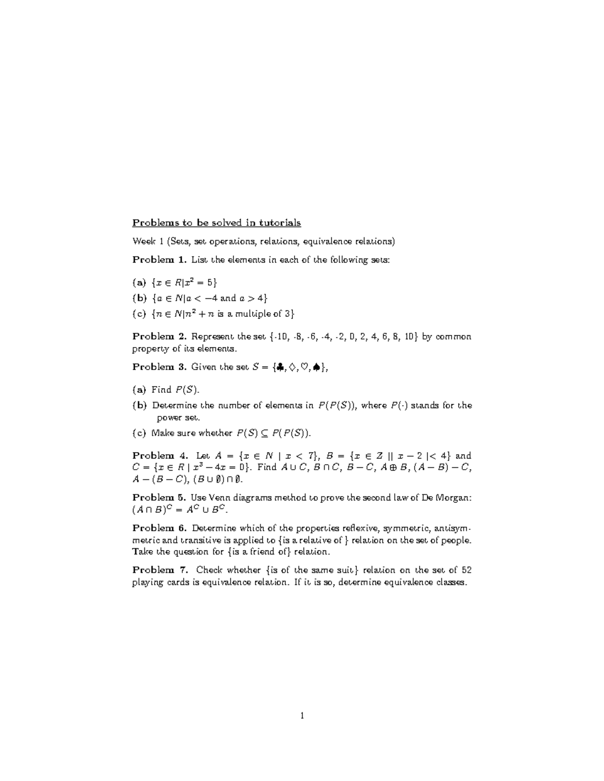 Week1 - descritematematics - Problems to be solved in tutorials Week 1 ...