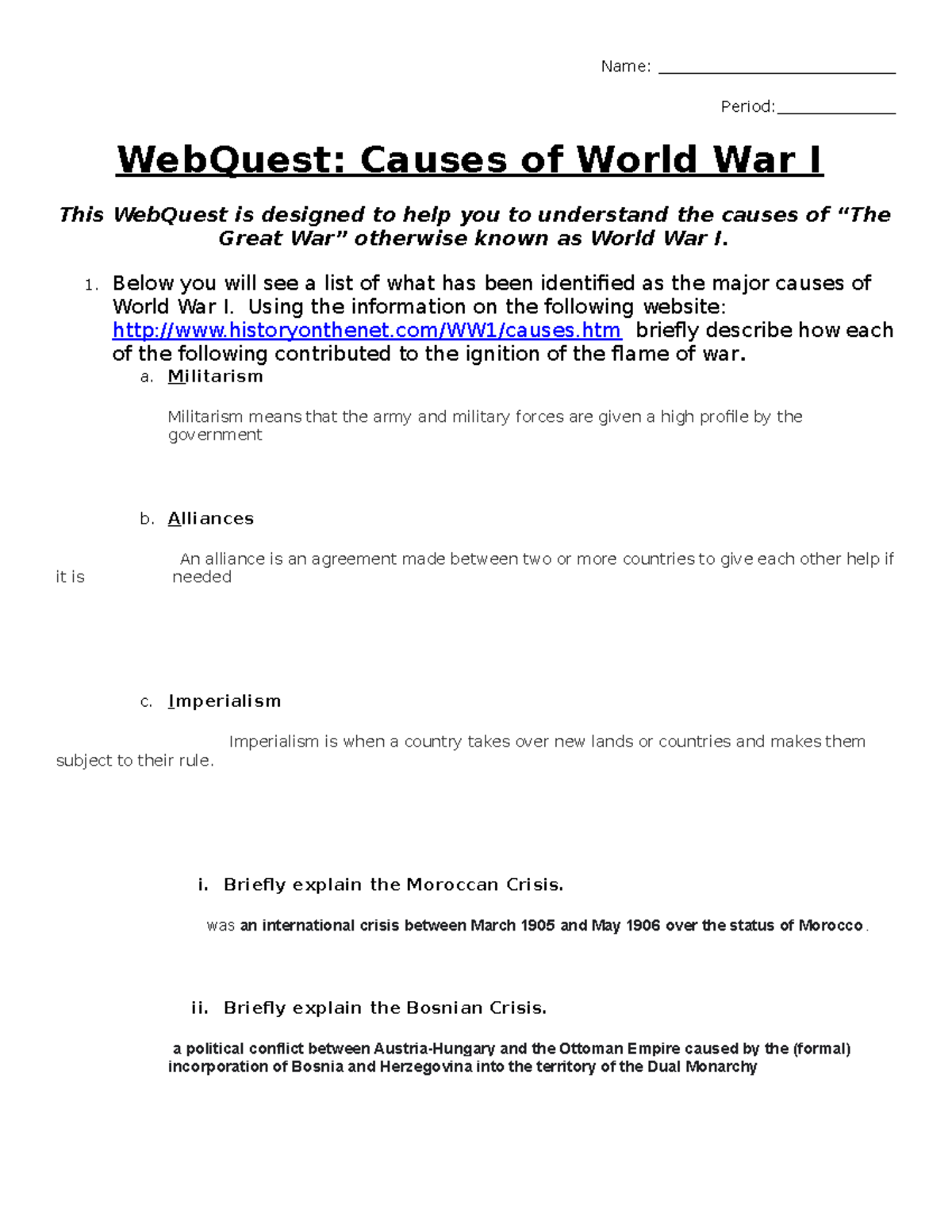 Causes of wwi webquest- standard - Name ...