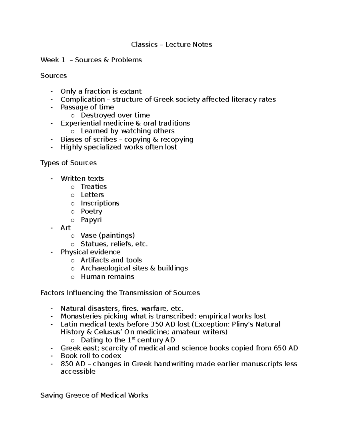 Final Exam Notes - Classics – Lecture Notes Week 1 – Sources & Problems ...